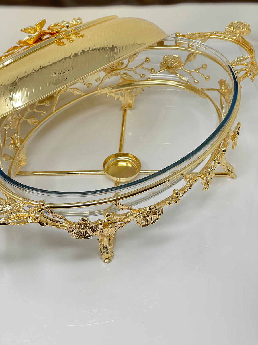 PYREX SERVING DISH ON GOLD/SILVER TONE STAND WITH WARMER – Noble Home Gifts